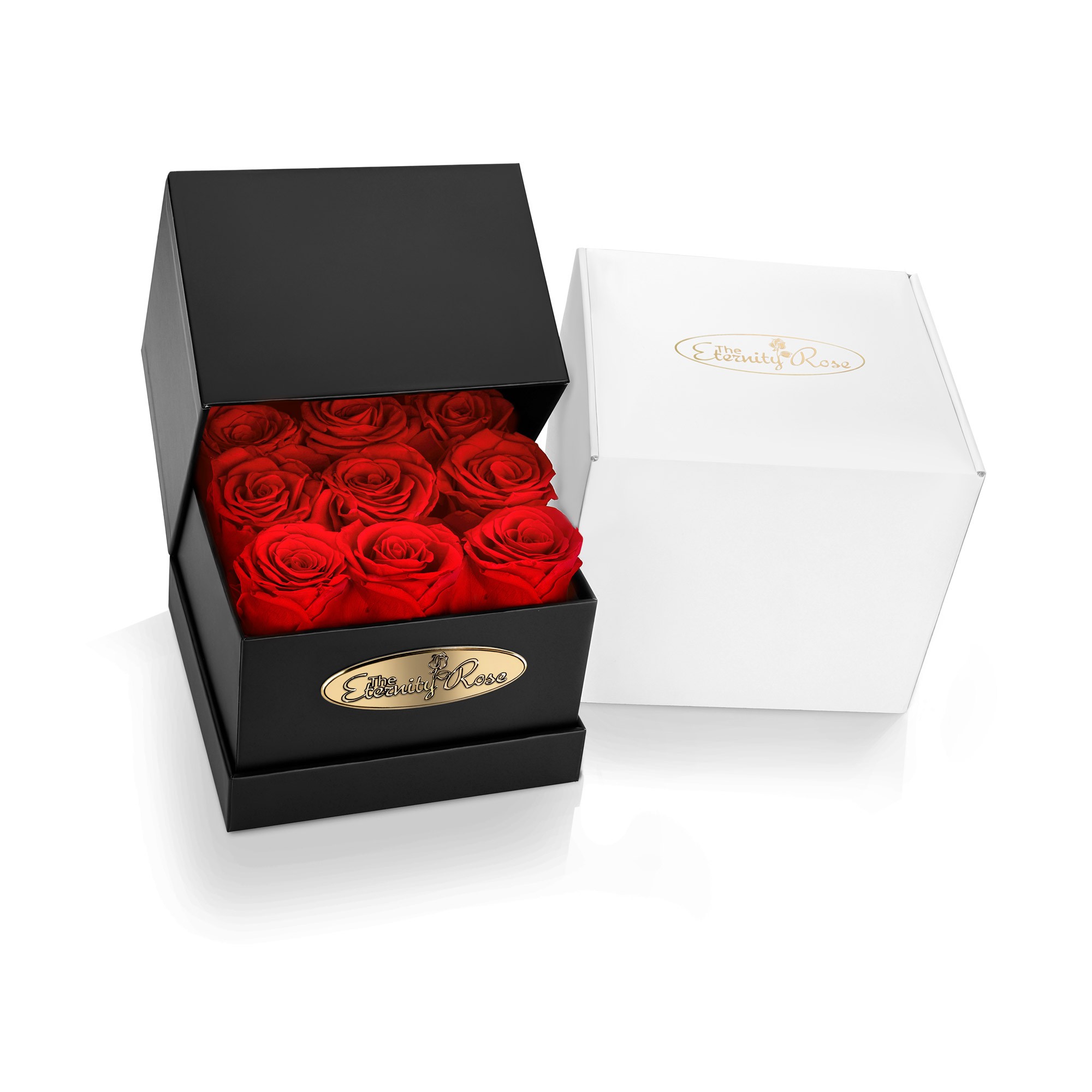 9 Preserved Red Roses.Square Black Display Box
